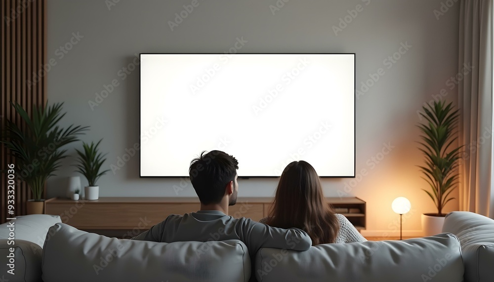Two man watching TV concept, Young couple is watching TV with a blank ...
