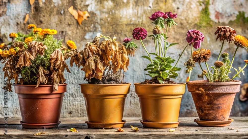 Withered dead house flowers in pots without water, sad, wilted, dried ...