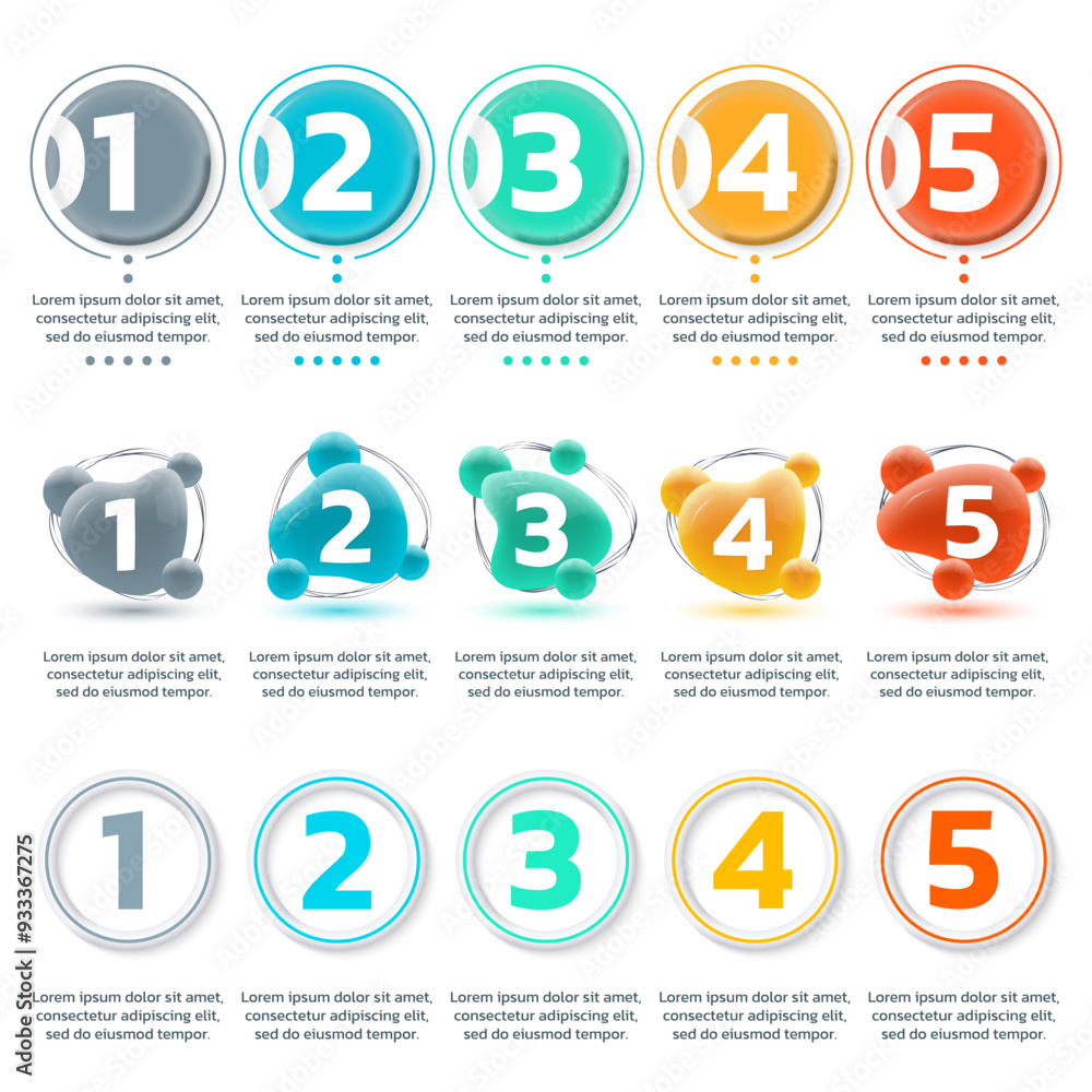5 step infographic set with five numbers and 3d shapes. Timeline ...