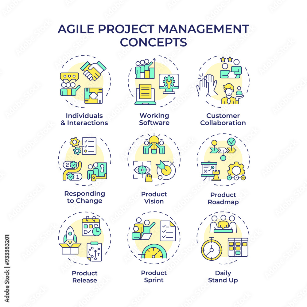 Agile project management multi color concept icons. Meeting schedule ...