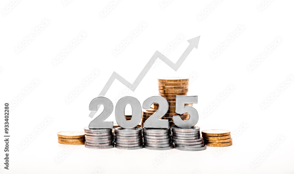 coin stacks with 2025 year sign and upward trend line on white ...