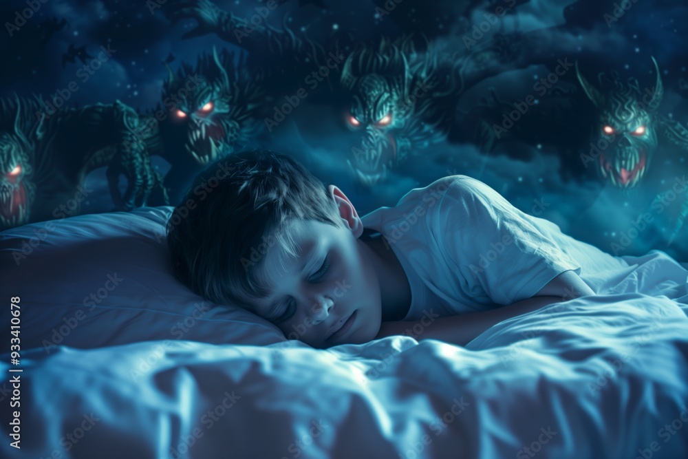 Dark haunting scene sleeping child faces nightmare monsters. Child ...