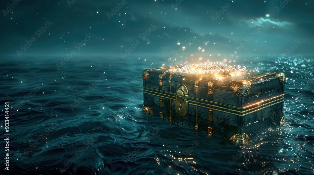 A gleaming silver treasure chest floating in the depths of a moonlit ...