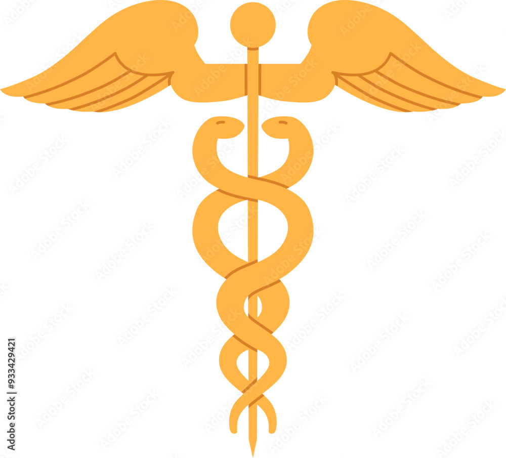 Caduceus, ancient gold symbol of medicine and health. Golden pole with ...