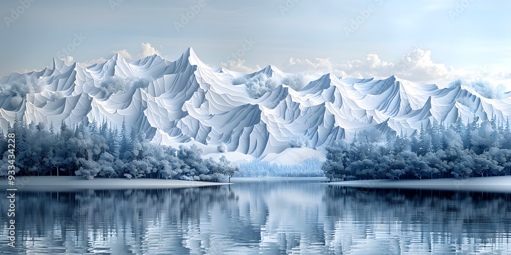 3d White, Blue Papercut Art: Snowy Mountain Landscape with Sun, Cherry ...