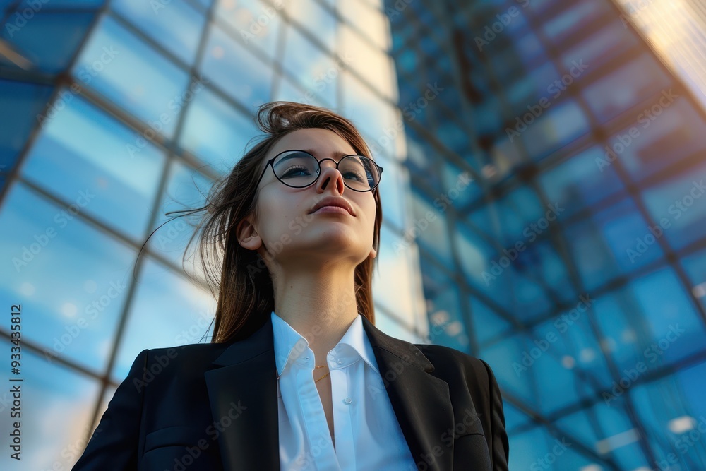 Stylish businesswoman in professional attire, standing against office ...