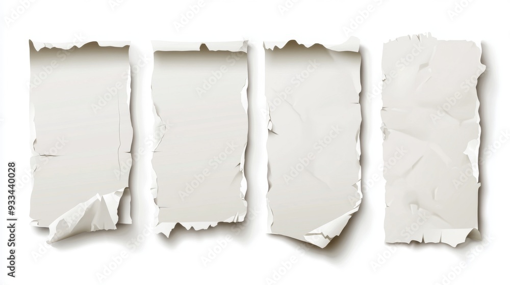 An illustration showing four pieces of torn white paper set side by ...