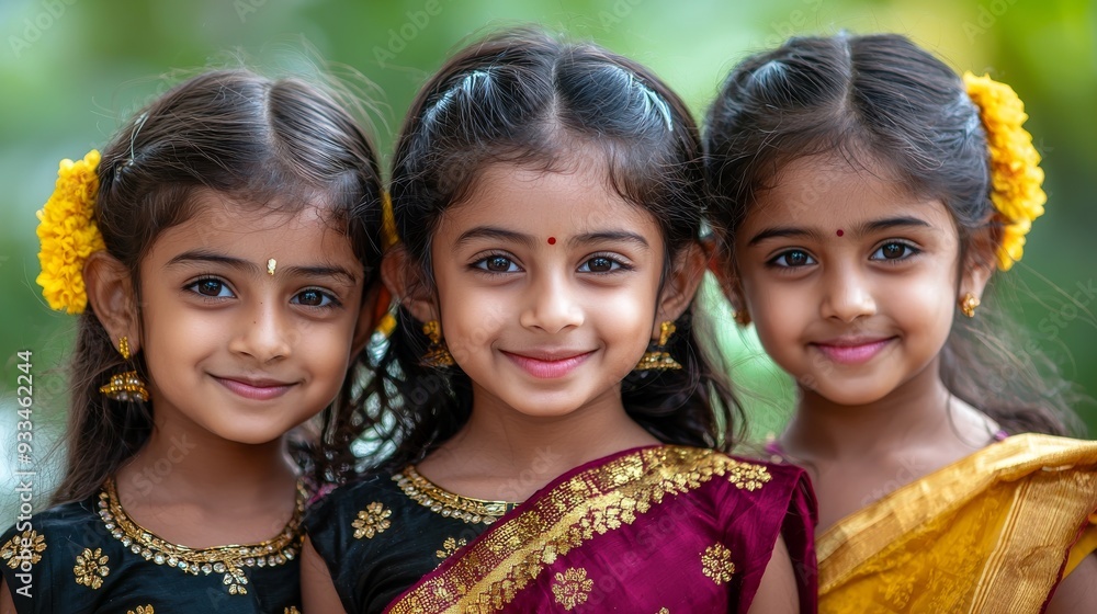 Three cute Tamil kids, smiling in traditional dance dresses with golden ...