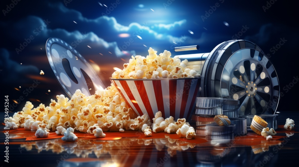 Realistic cinema advertising poster. Popcorn bucket, clapperboard ...