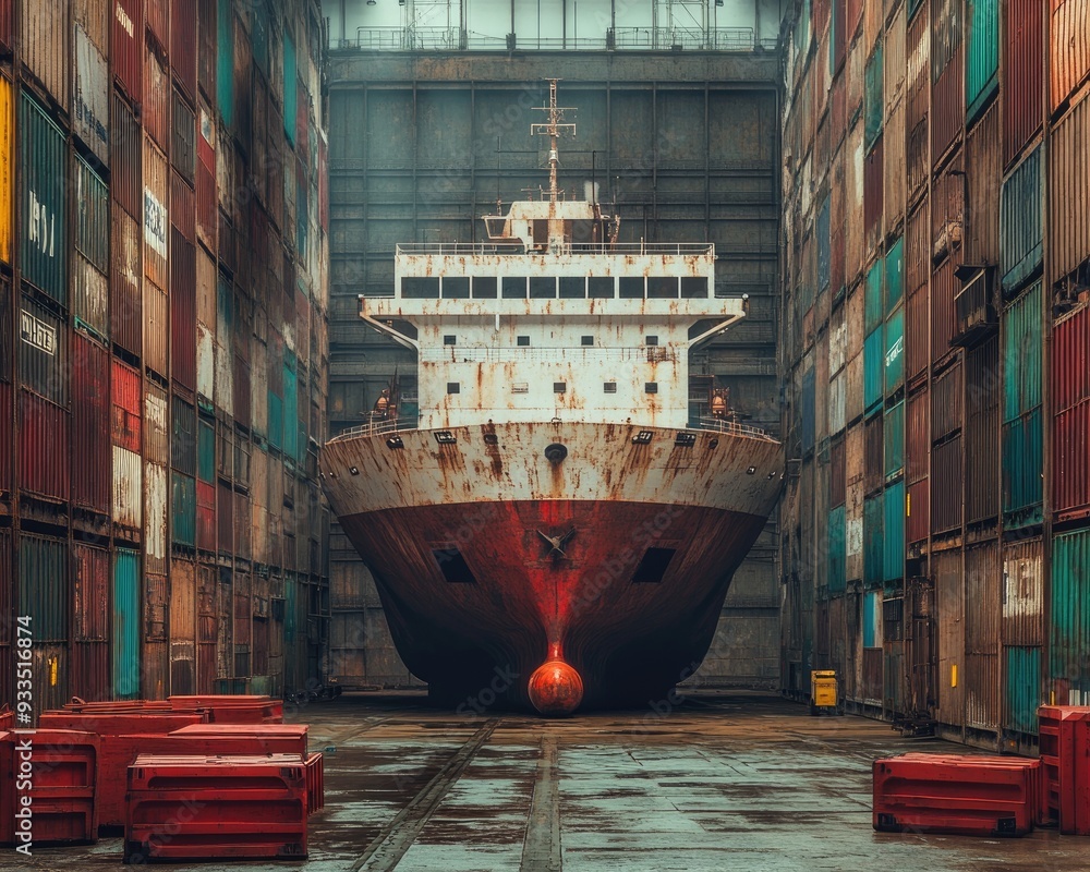 shipyard, massive container ships surrounded by vibrant crates, steel ...