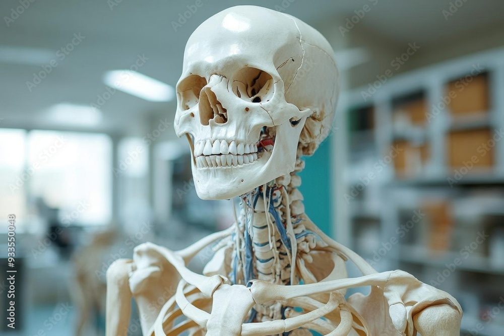 A realistic human skeleton model displayed in a laboratory setting ...