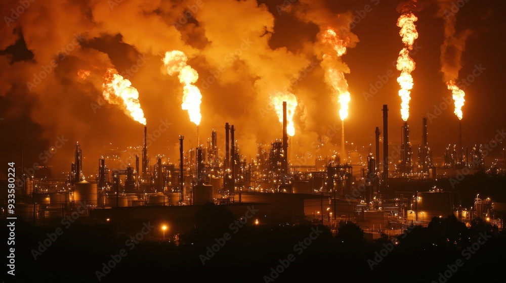 Dramatic night view of an oil refinery with flare stacks illuminating ...