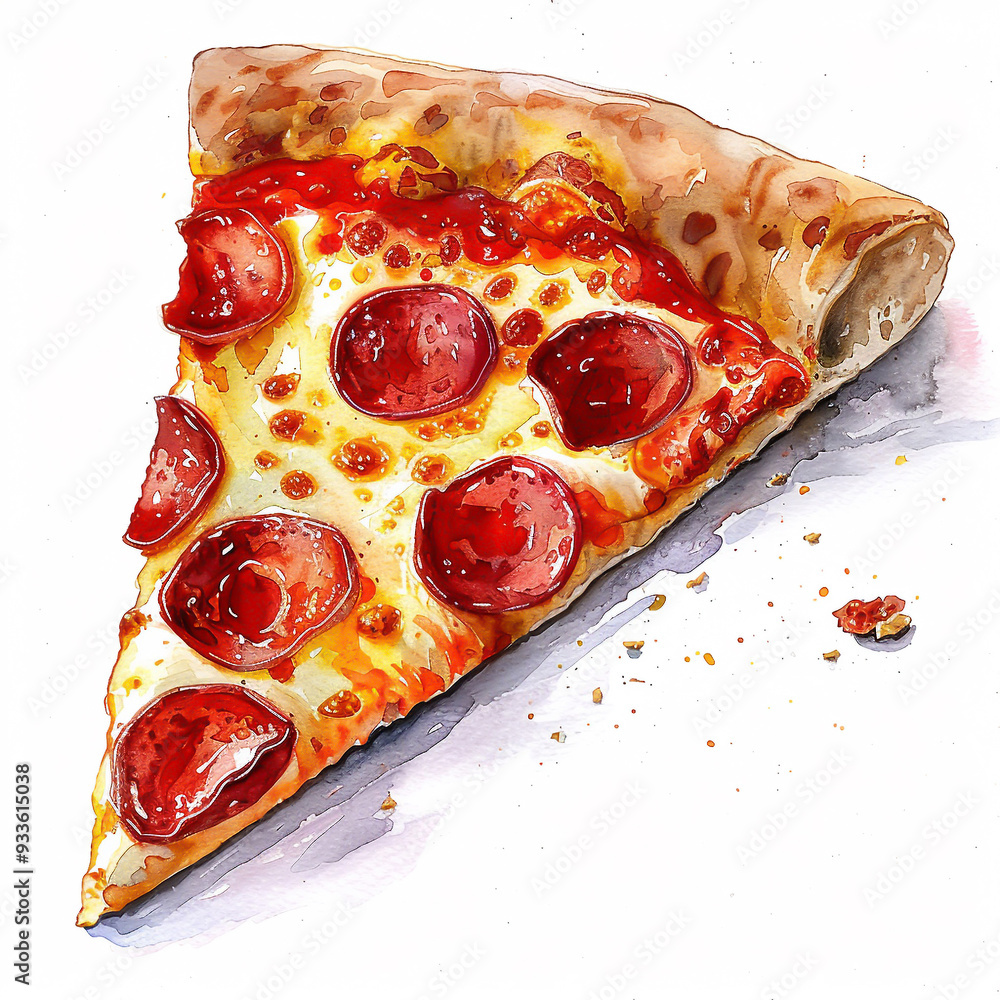 A slice of pepperoni pizza clipart, fast food element, watercolor ...