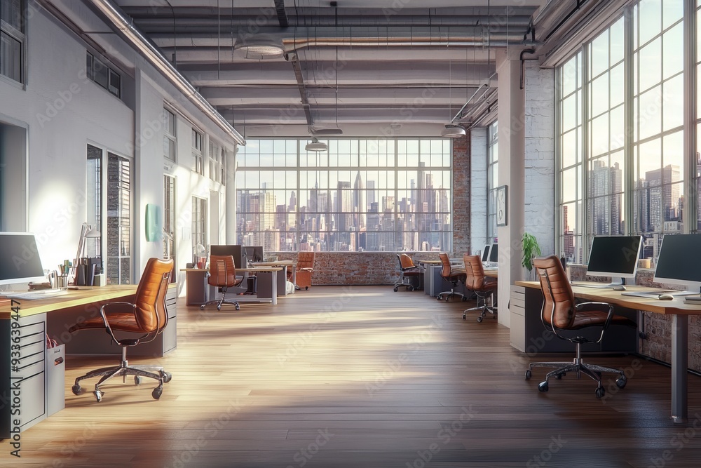 The interior of a modern office has computer tables in a row, panoramic ...