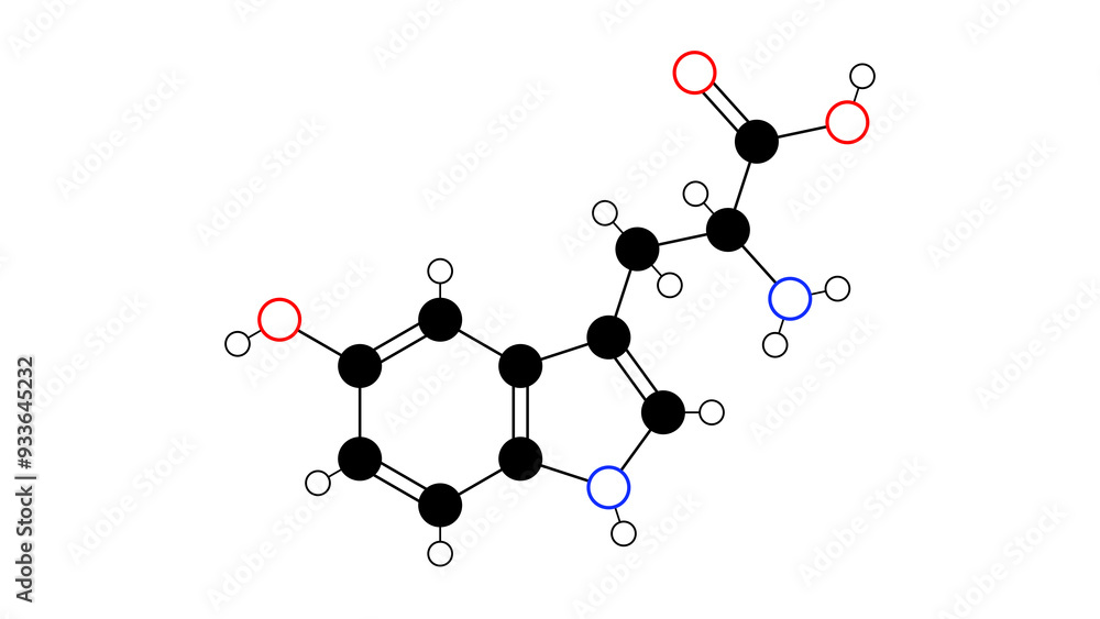 5-hydroxytryptophan molecule, structural chemical formula, ball-and ...