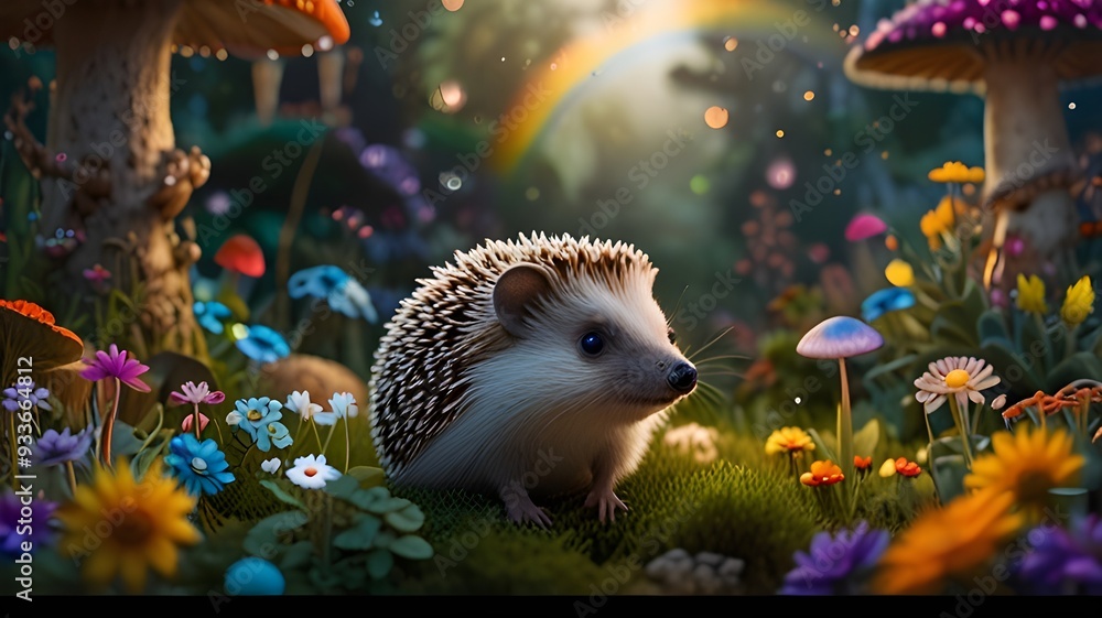 A hedgehog wandering through a magical garden filled with vibrant ...