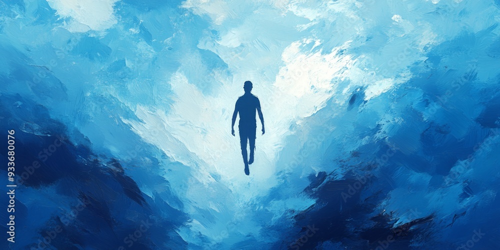 Surreal Abstract Depiction of Depression: Solitary Man Floating in Blue ...