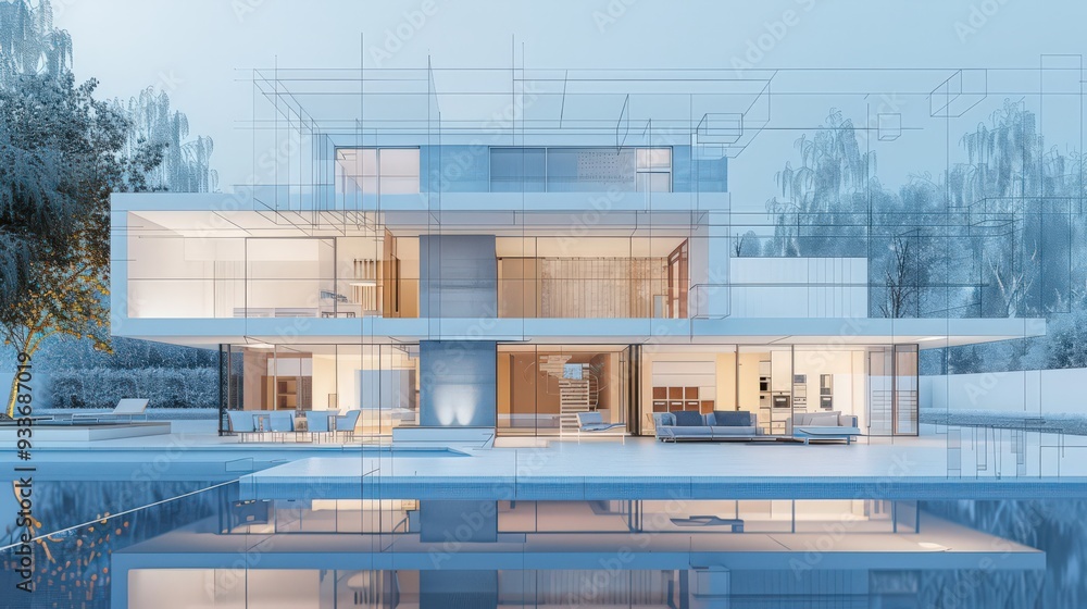 Detailed blueprint of a modern residential house, including floor plans ...