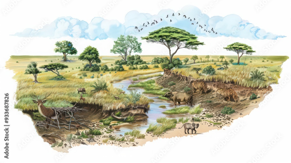 Detailed diagram of a savanna ecosystem, including grasslands ...