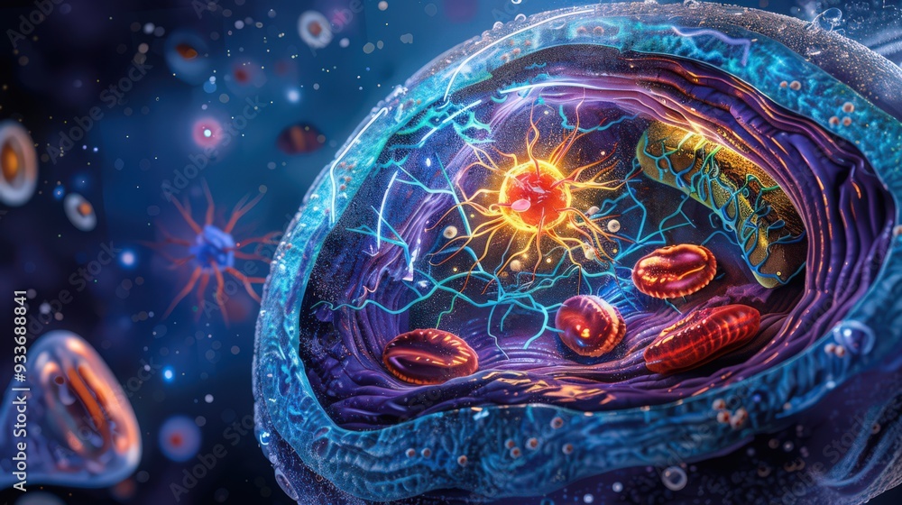 Detailed illustration of a cell, highlighting the nucleus, mitochondria ...