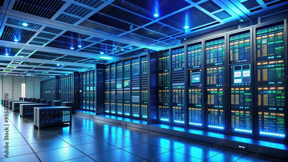 rows of computer servers process language data, illuminated screens ...