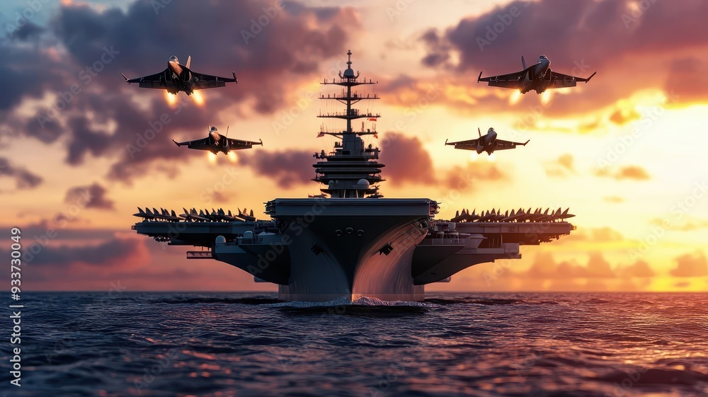 Rear view of an aircraft carrier with jets taking off in sequence ...
