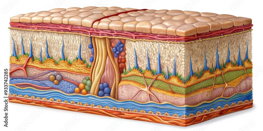 An intricate cross section of human skin anatomy showing layers and ...