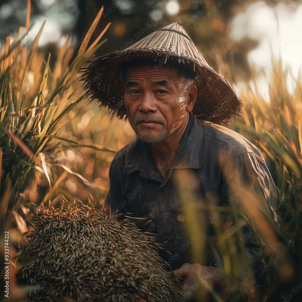 Elderly Asian farmer in conical hat harvesting rice in golden field ...