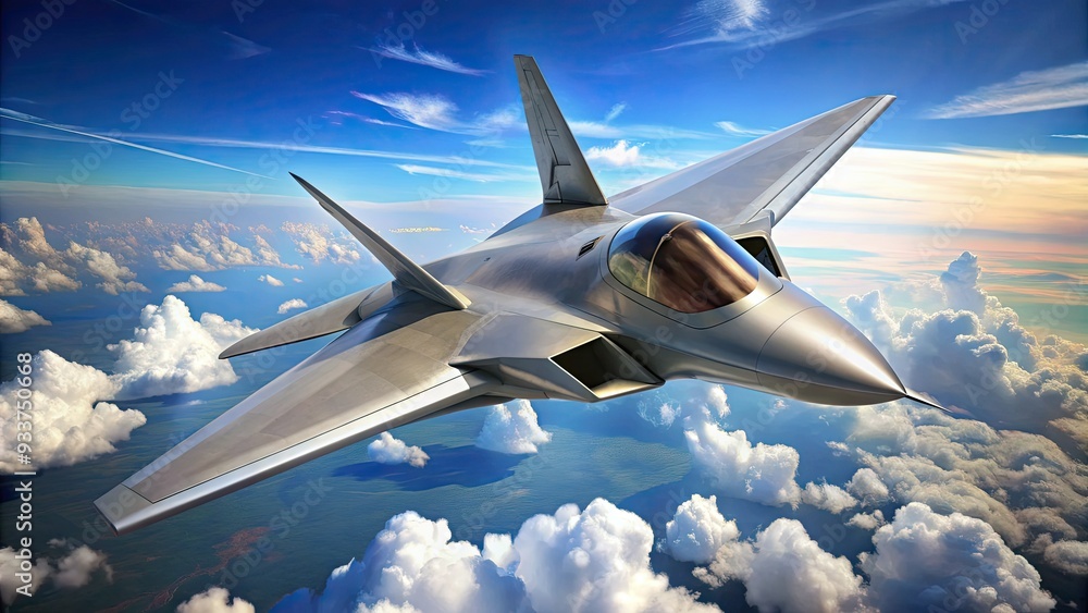Sleek, silver F-22 fighter jet soars through a clear blue sky, its ...