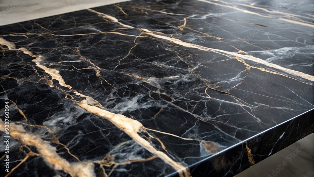 Black marble with natural streaks and patterns, tilted angle, black and ...