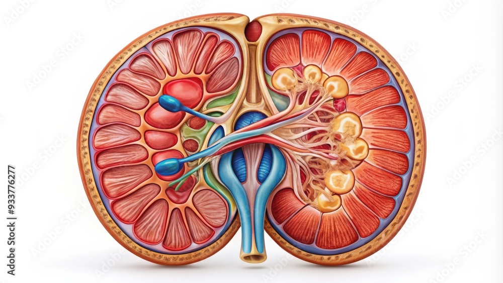 Cross section of human kidney showing renal cortex, medulla, and renal pelvis, anatomy, urinary ...