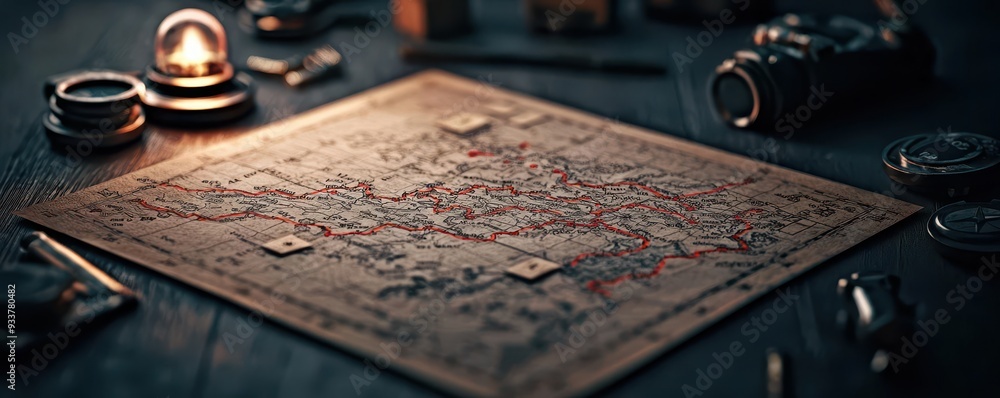 Top secret map marked with classified routes, red markings and notes ...