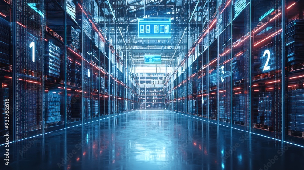 Futuristic warehouse. Retail company storage. Warehouse building with ...