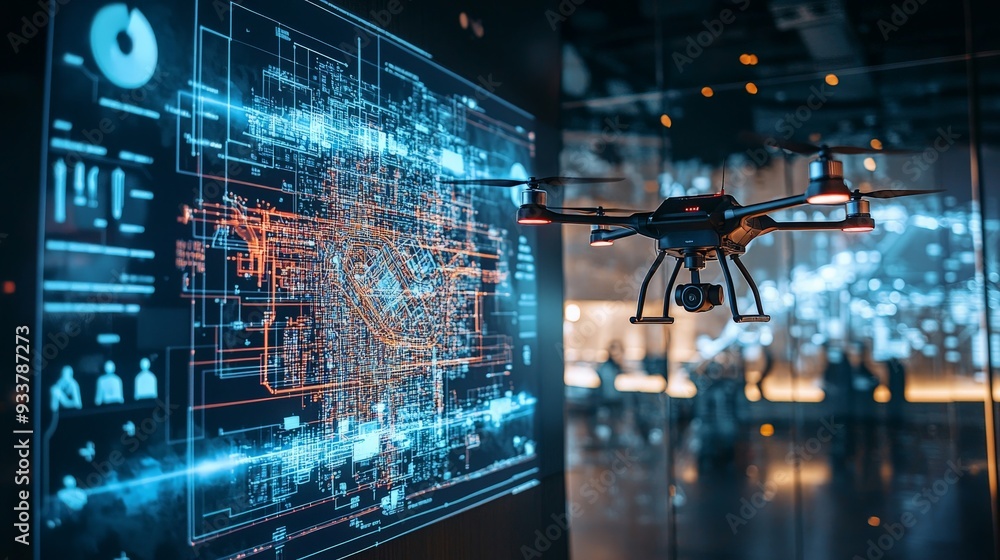 Algorithms displayed on a large screen, optimizing the routes for ...