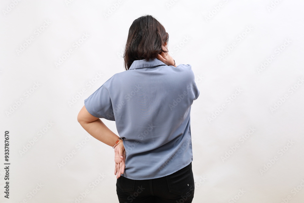 Neck pain muscle stress and strain concept. Stressed Asian woman ...