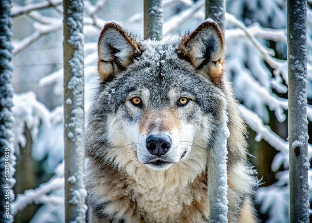 A majestic gray wolf stands behind frosty metal bars, its thick winter ...