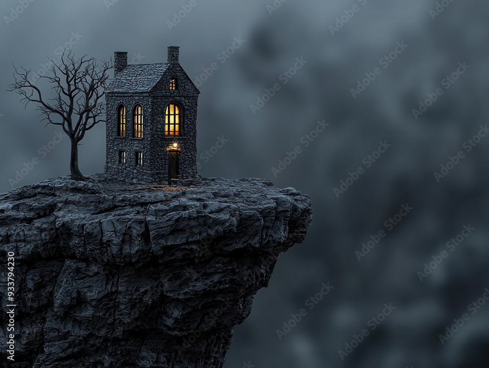 scary castle on a hill with no trees One single light on in one window ...