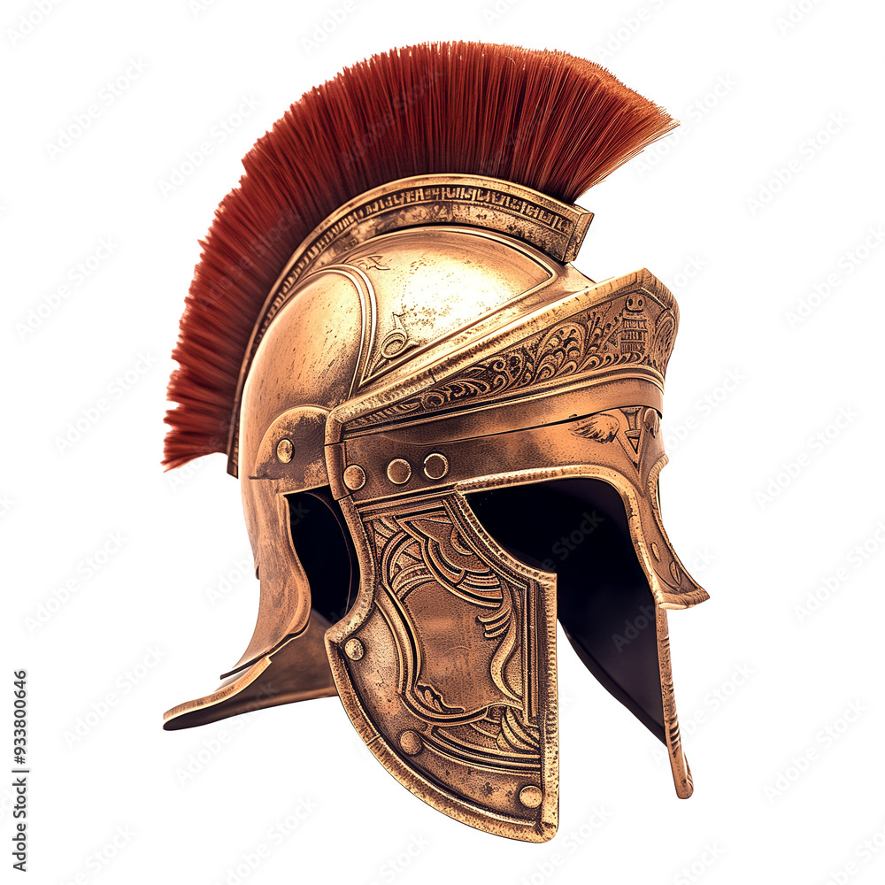 Ancient Greek or Roman soldier's helmet with ornate engravings and red ...