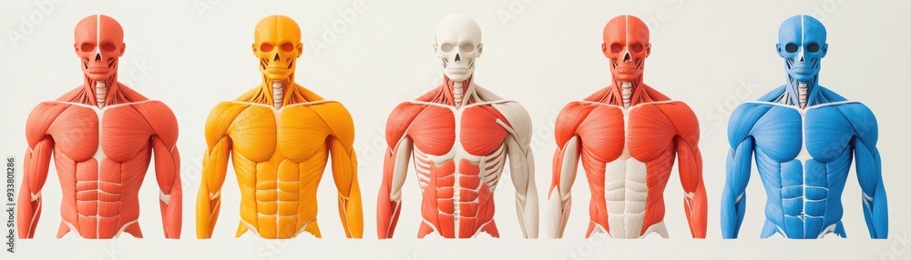 Muscular system illustration with color-coded muscles based on their ...