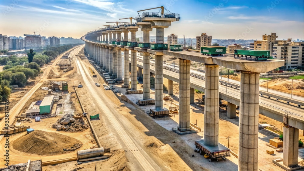 Under-construction monorail site in Giza, Egypt, shows massive columns ...