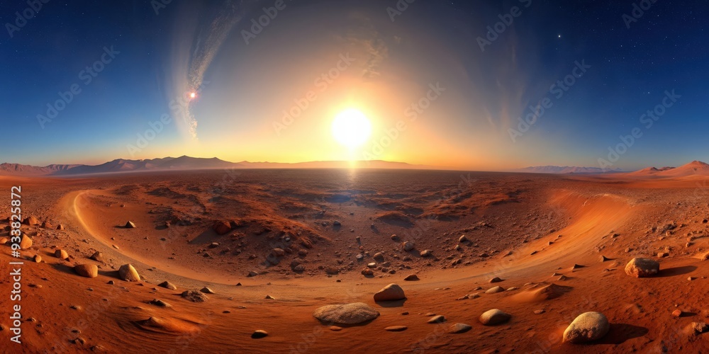 360 HDRI panorama of Mars sunset. Martian landscape, environment map ...
