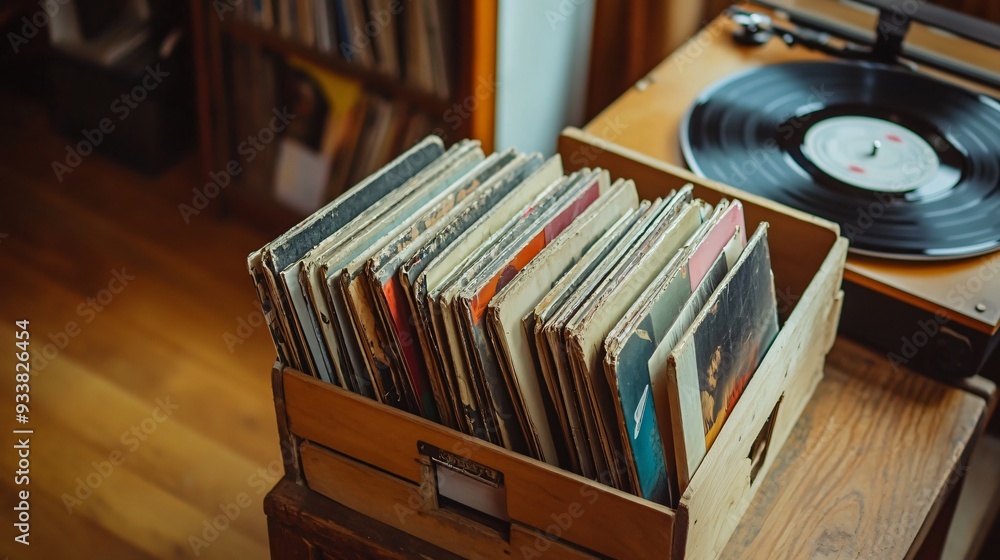 A wooden crate box holding a collection of vintage vinyl records, with ...