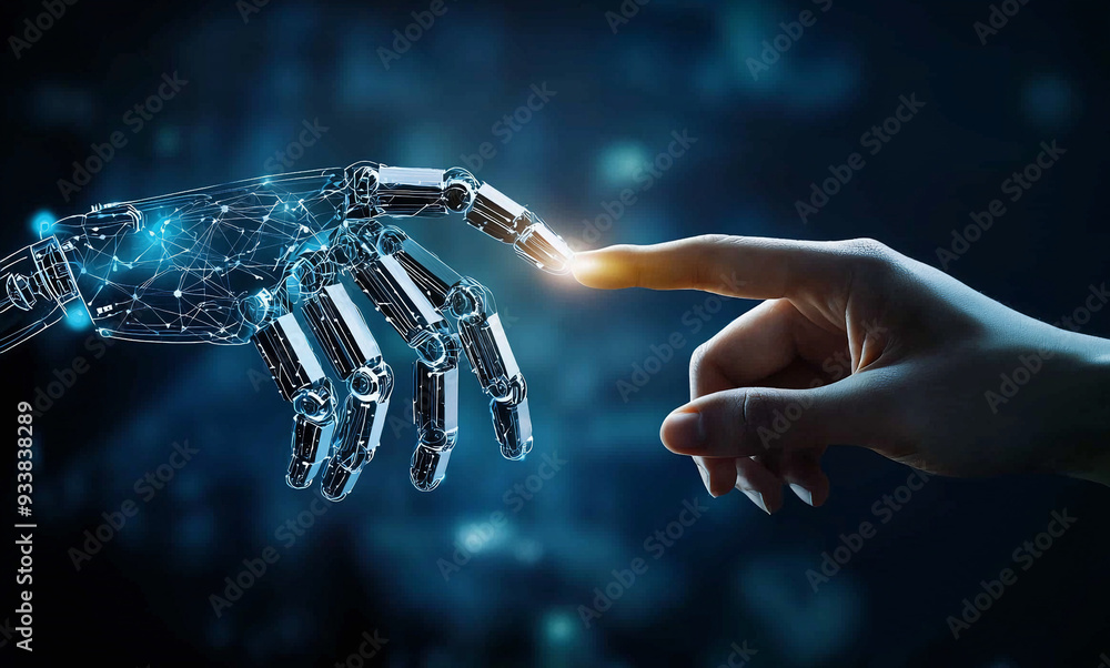 Artificial intelligence robot hand reaching out to touch the finger of ...