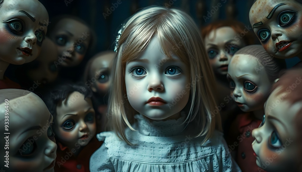 A young blonde girl with pale skin and blue eyes is surrounded by a ...