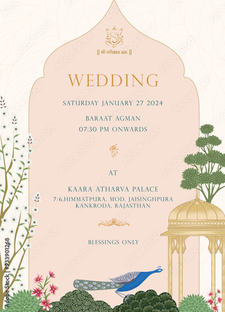Traditional indian wedding invitation card template design with Mughal ...