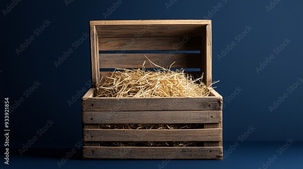 An open wooden crate box filled with straw, placed on an isolated navy ...
