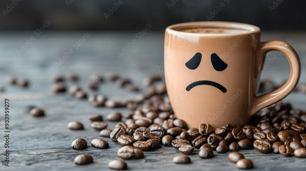 A cup of coffee with a sad face emoji on top surrounded by coffee beans ...
