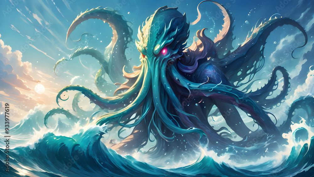 The kraken, a demonic monster in the middle of the ocean, eats a large ...