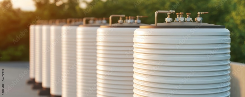 Row of industrial storage tanks illuminated by sunset, showcasing ...
