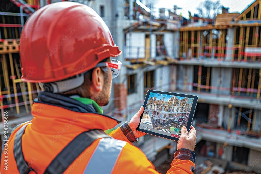 Construction engineers using tablets to scan building construction for ...